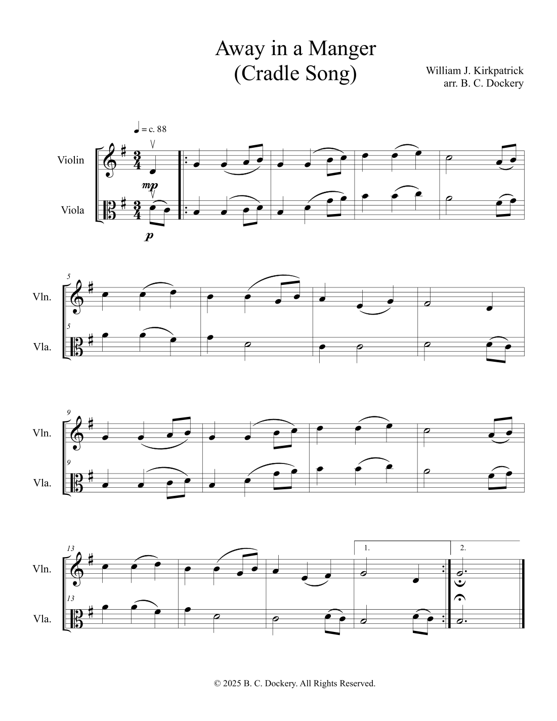 Away in a Manger (Cradle Song) for Violin and Viola Duet (arr. B. C ...