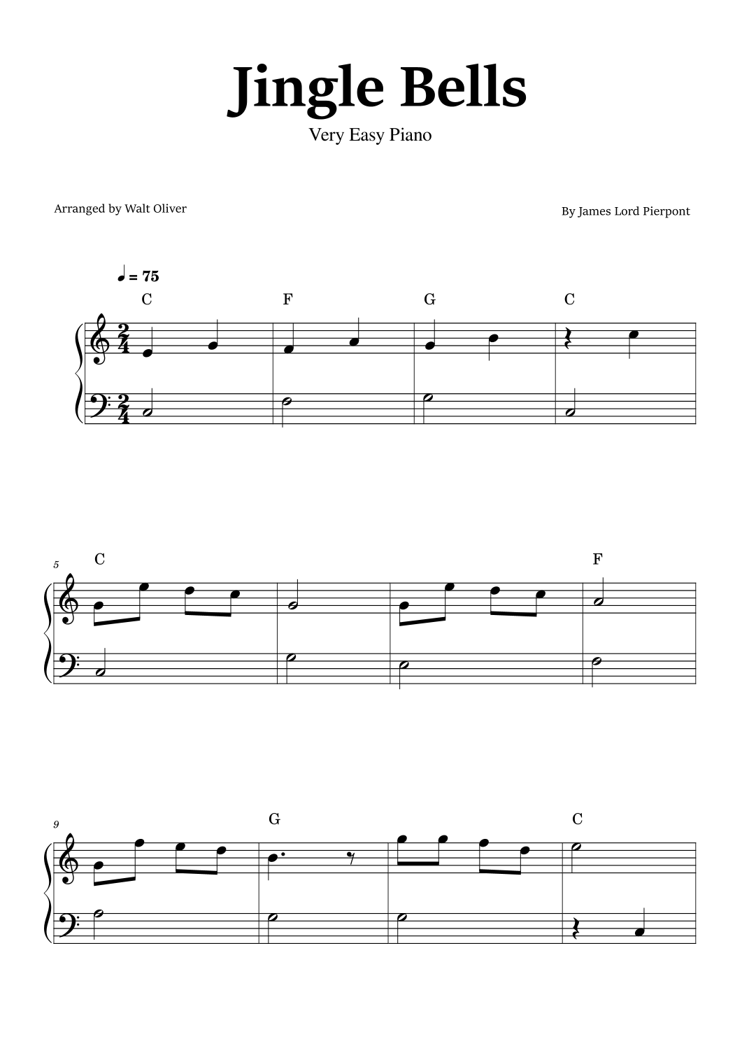 Jingle Bells - Very Easy Piano in C major - With chords (arr. Walt ...