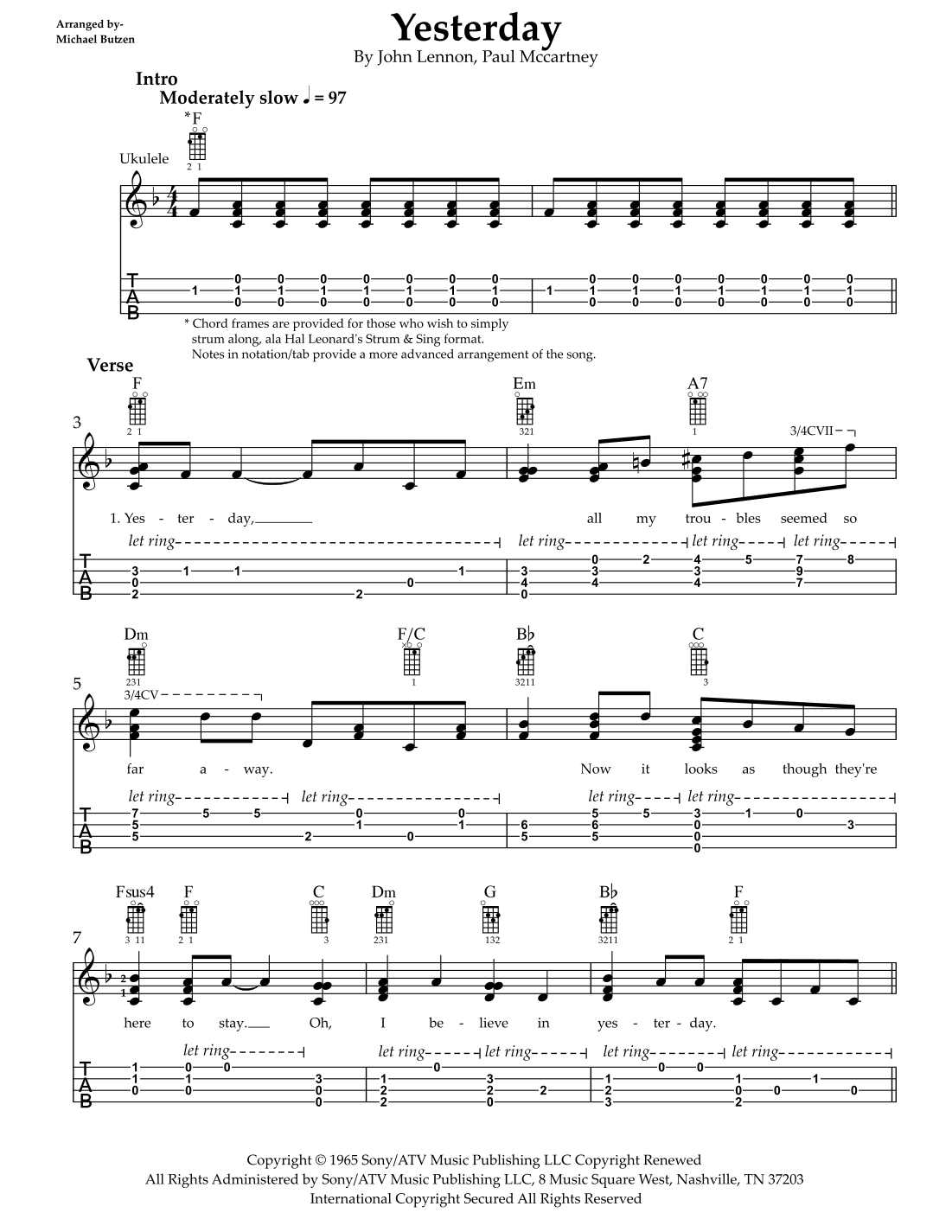 Yesterday (arr. Michael Butzen) by The Beatles Sheet Music for Ukulele ...