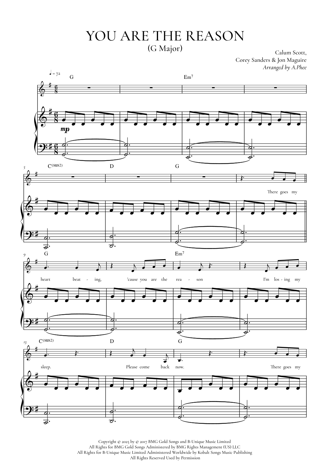 You Are The Reason (arr. Phee) by Calum Scott Sheet Music for Piano ...
