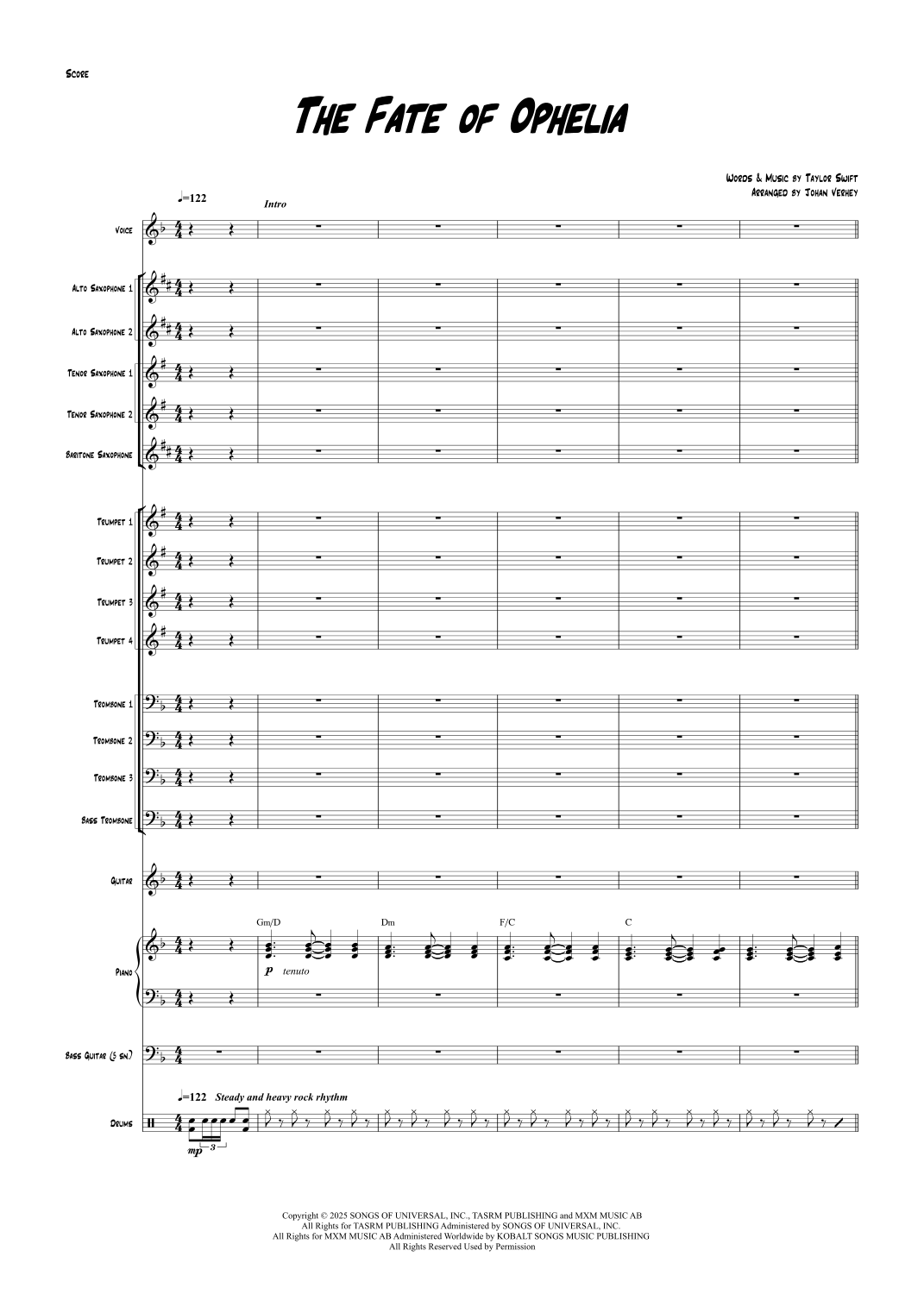 The Fate Of Ophelia (arr. Johan Verhey by Taylor Swift Sheet Music for ...