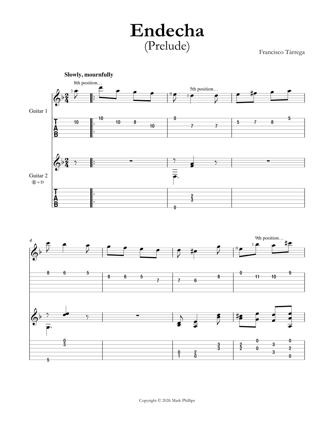 Endecha (Prelude) (arr. Mark Phillips) by Francisco Tárrega Sheet Music ...