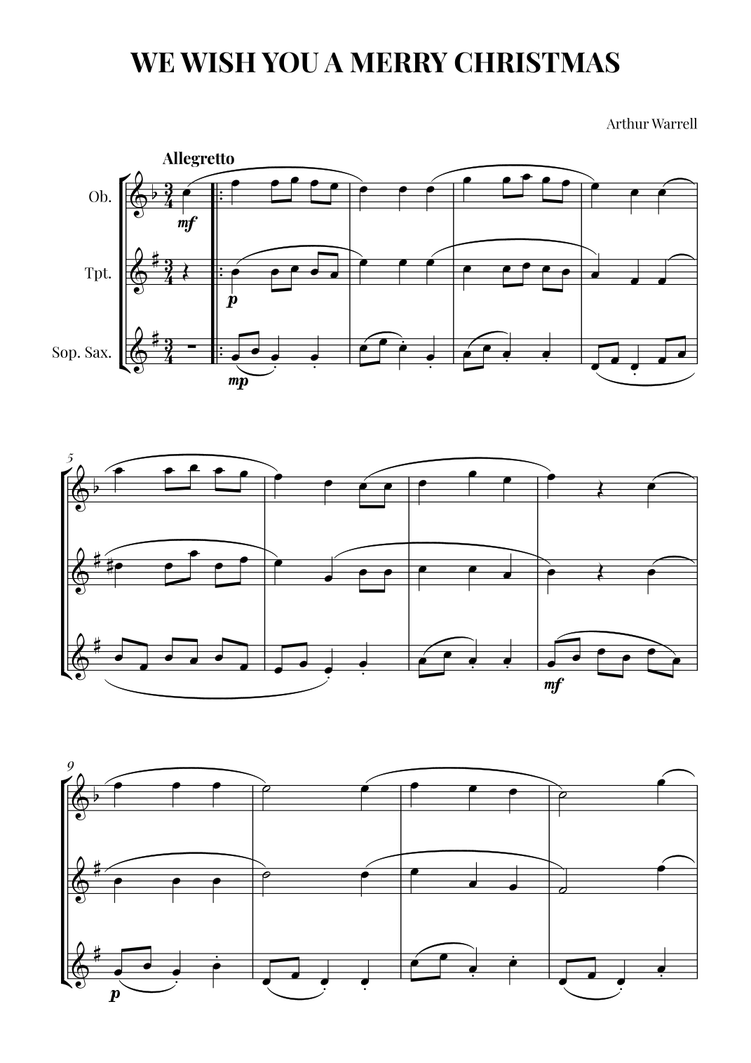 We Wish You a Merry Christmas - for Oboe, Trumpet and Soprano Sax (arr ...