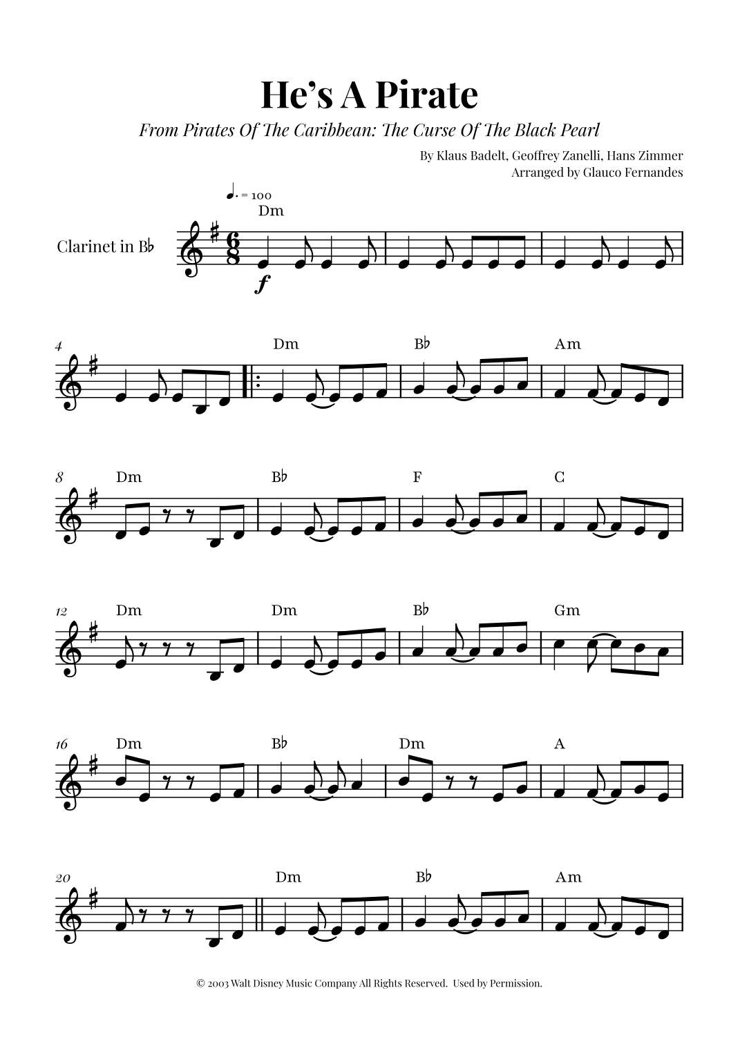 He's A Pirate (arr. Glauco Fernandes) by Geoffrey Zanelli Sheet Music ...