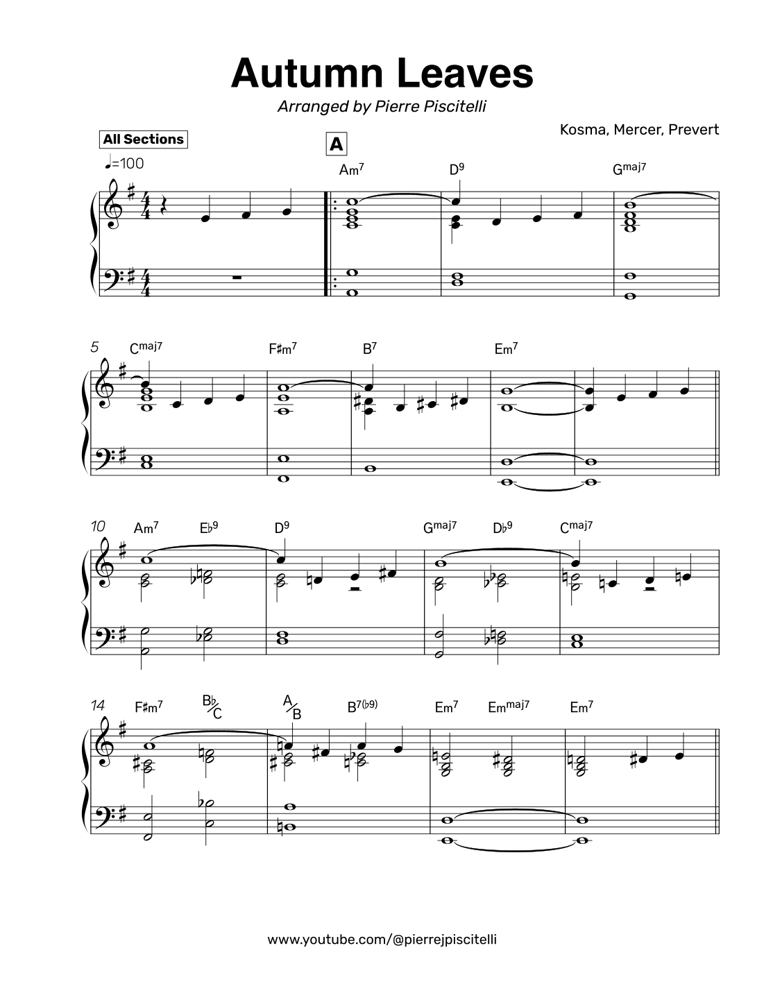 Autumn Leaves (arr. Pierre Piscitelli) par Clare Fischer Partitions ...