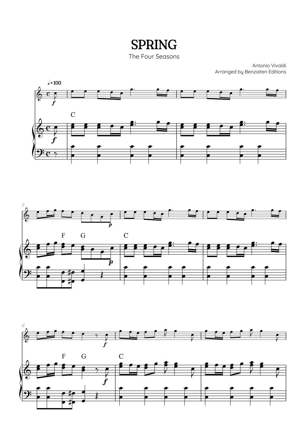 Vivaldi • The Four Seasons: Spring | Cmaj • violin sheet music w/ piano ...