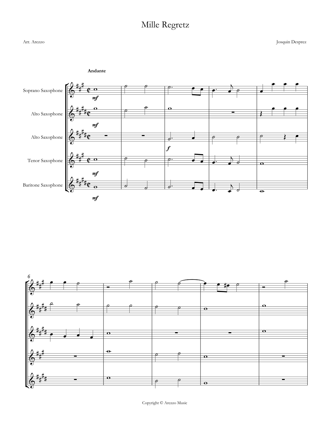 Josquin des Prez – Mille Regretz | Saxophone Quintet Sheet Music with ...