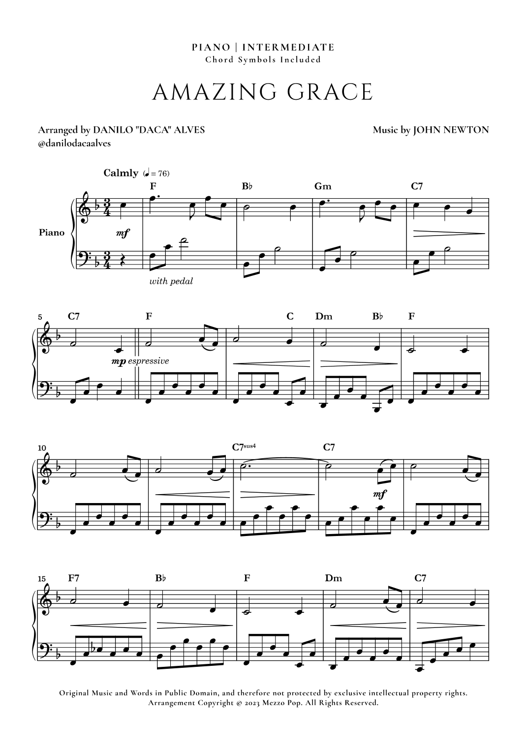 Amazing Grace (arr. Danilo "Daca" Alves) by John Newton Sheet Music for ...