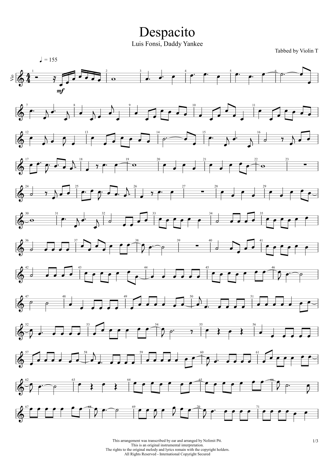 Despacito (arr. Violin T) by Violin T Sheet Music for Violin Solo at ...