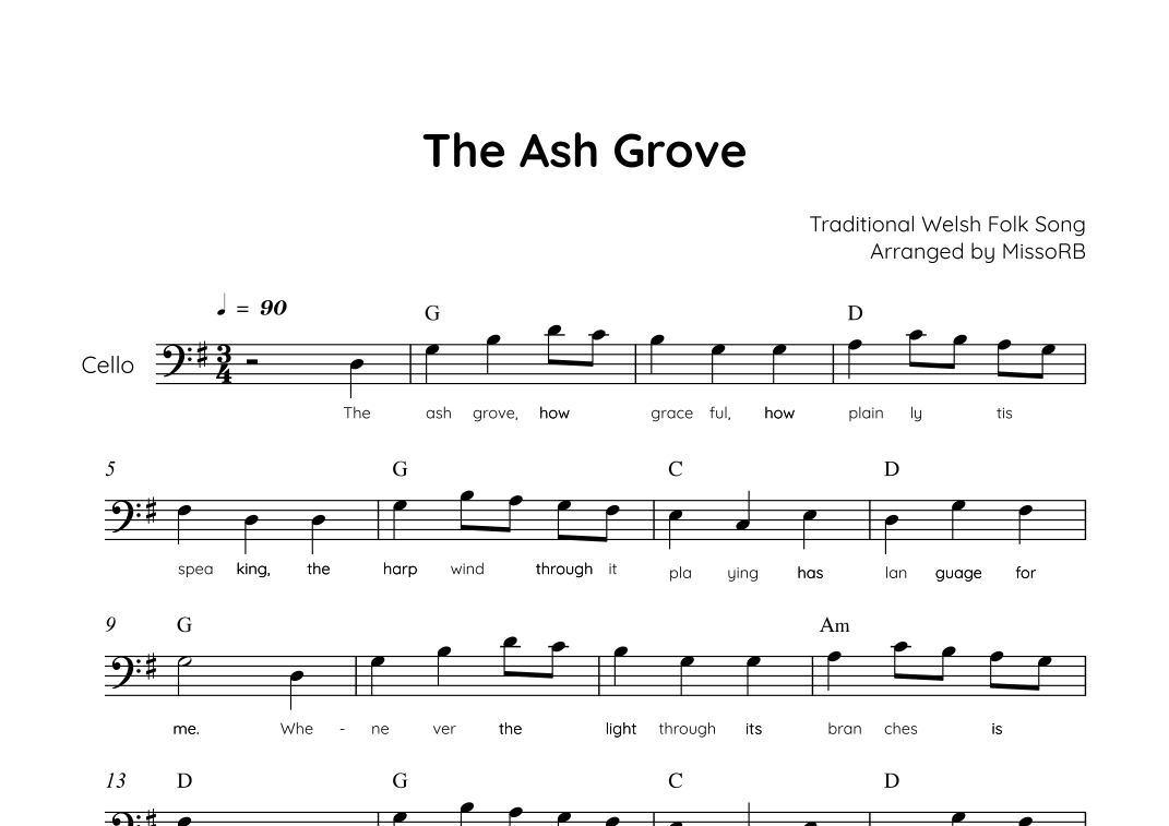 The Ash Grove - Cello in G Lead Sheet With Chords & Lyric - Easy (arr ...