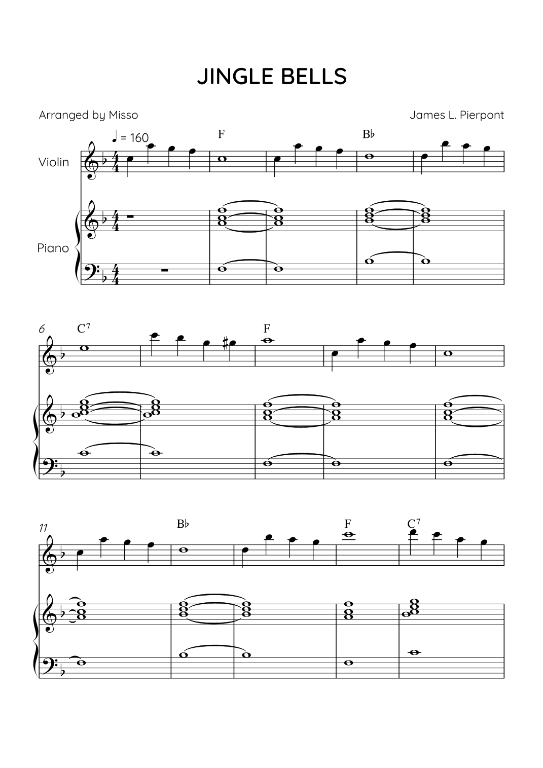 Jingle Bells - Violin & Piano in F Major (Beginner With Chords) (arr ...
