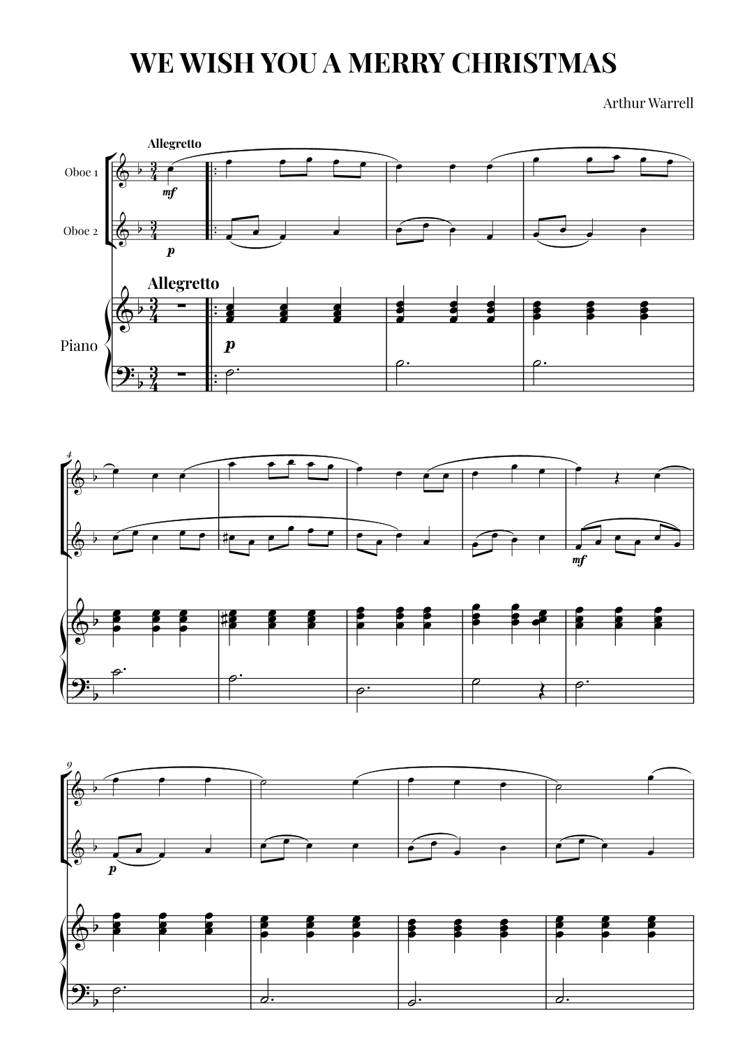 We Wish You a Merry Christmas - Easy Oboe Duet with Piano (arr ...