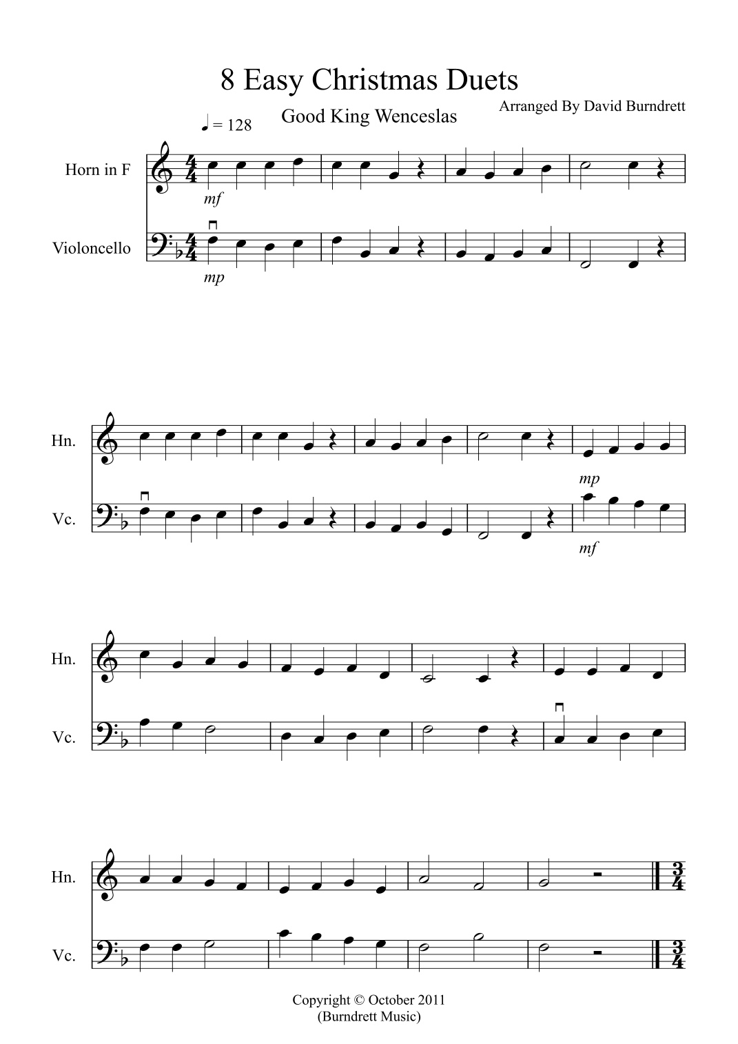 8 Easy Christmas Duets for Horn and Cello (arr. David Burndrett) by ...