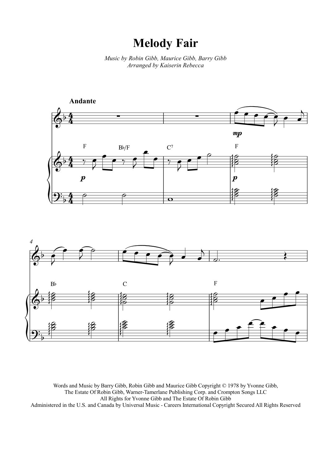 Melody Fair (arr. Kaiserin Rebecca) par The Bee Gees Partitions pour ...