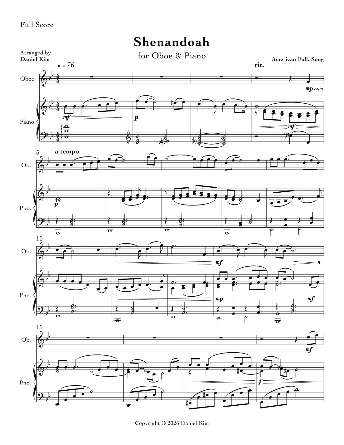 Shenandoah (Oboe & Piano) (arr. Daniel Kim) by American Folk Song Sheet ...