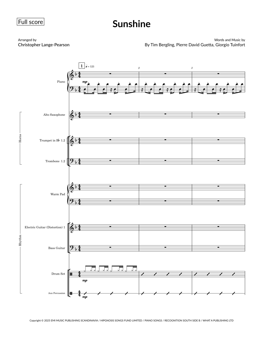 Sunshine (arr. Christopher Lange-Pearson) by David Guetta Ft. Avicii ...