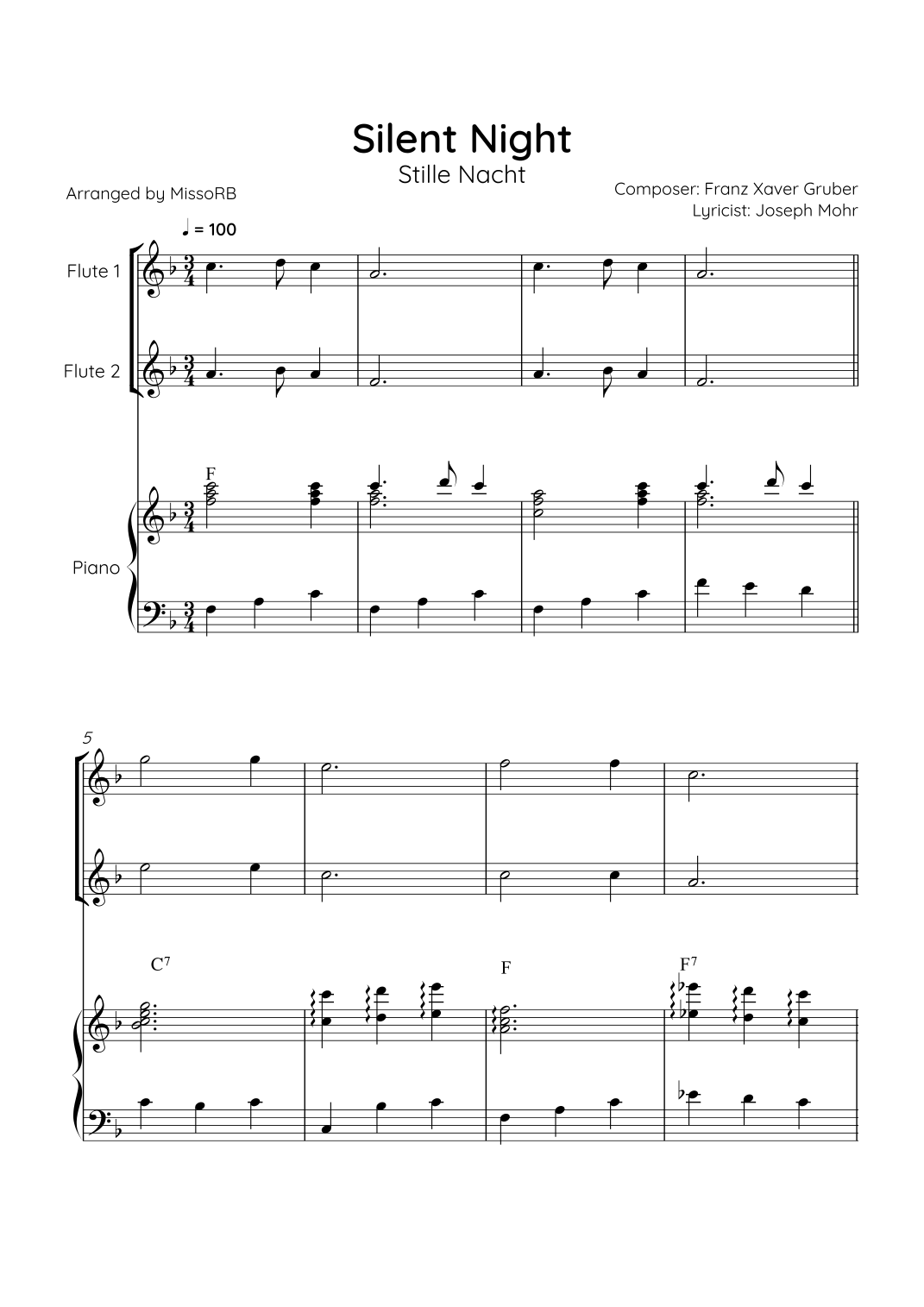 Silent Night" (Stille Nacht) - Duet Flute & Piano in F With Chords ...