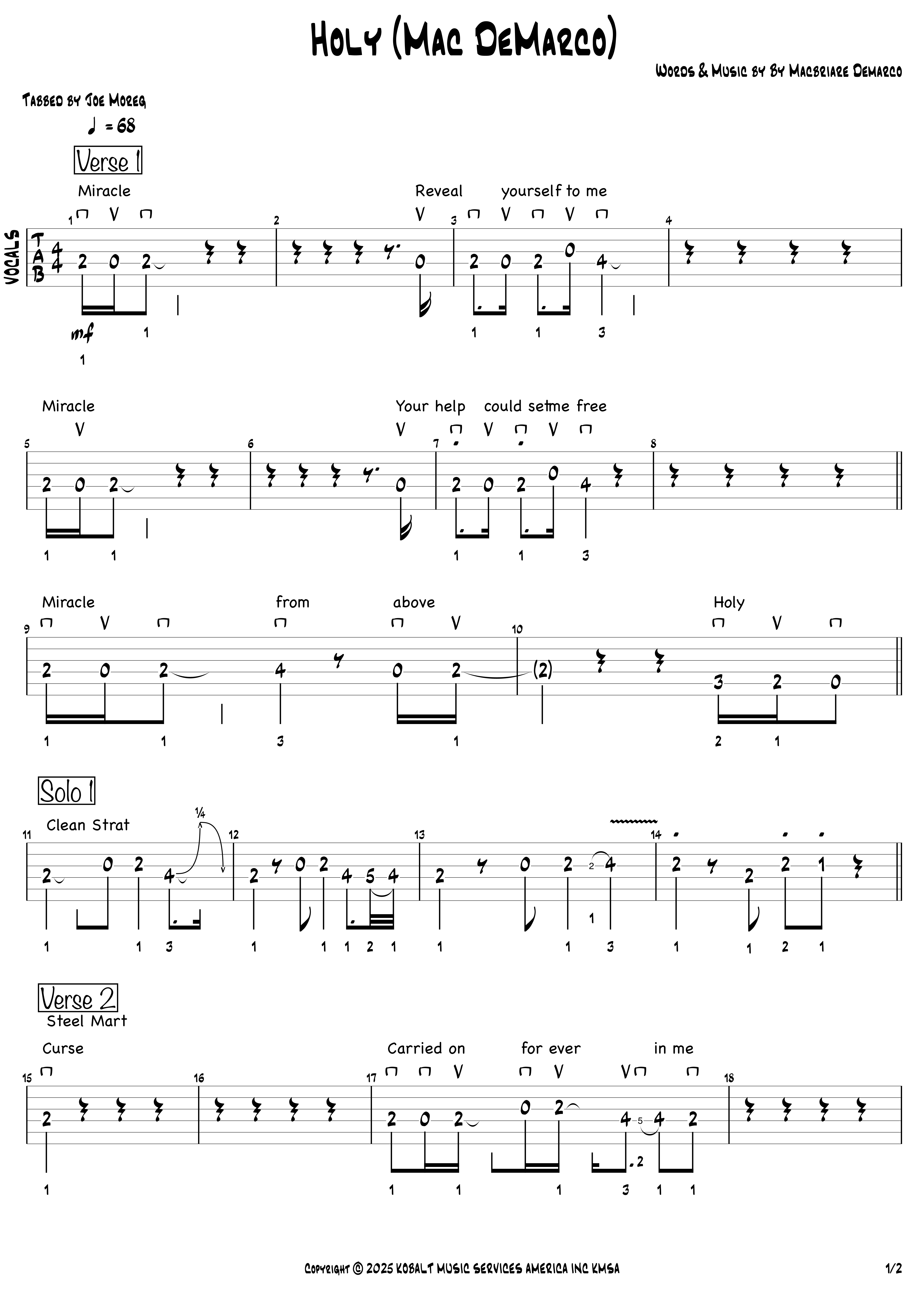 Holy (arr. Joe Moreg) by Mac Demarco Sheet Music for Guitar Ensemble at ...