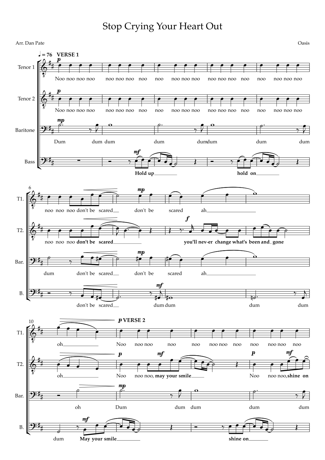 Stop Crying Your Heart Out (arr. Daniel Pate) by Oasis Sheet Music for ...