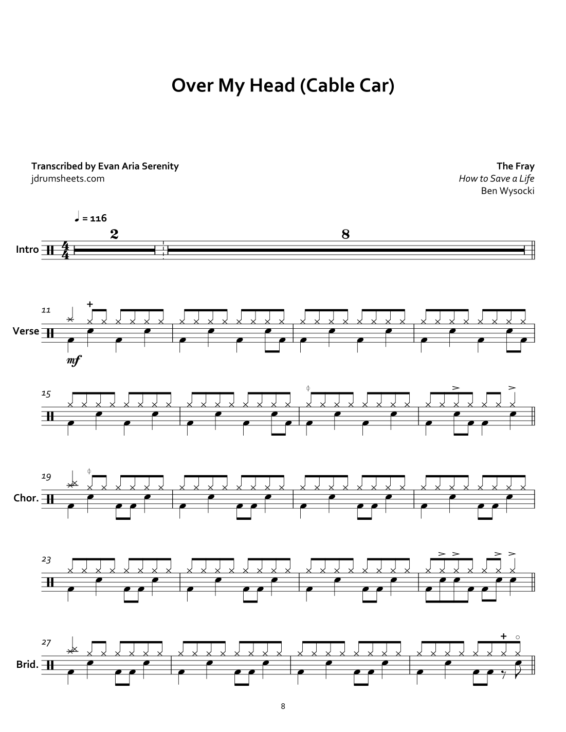 Over My Head (Cable Car) (arr. Evan Aria Serenity) by The Fray Sheet ...
