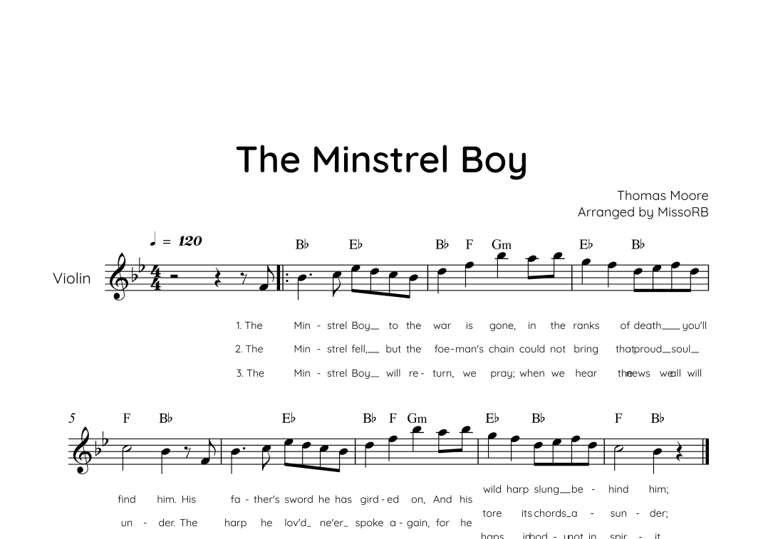 The Minstrel Boy - Violin in Bb Lead Sheet With Lyric & Chords - Easy ...