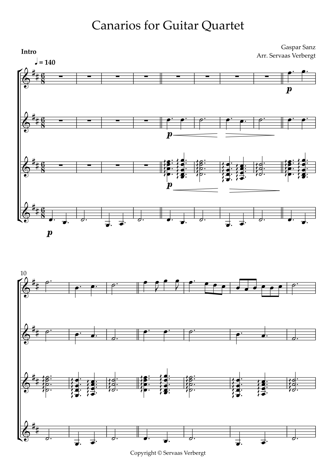 Canarios for Guitar Quartet (arr. Servaas Verbergt) by Gaspar Sanz ...