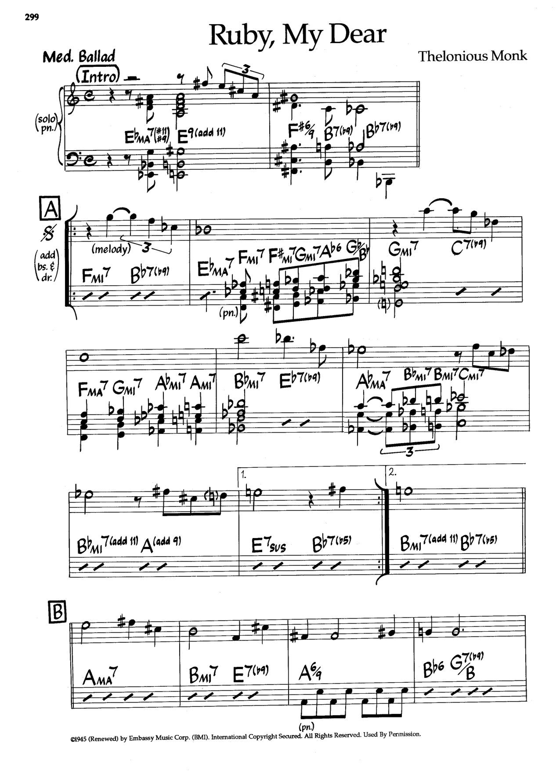 Ruby, My Dear - Lead Sheet (arr. Thelonious Monk) by Thelonious Monk ...