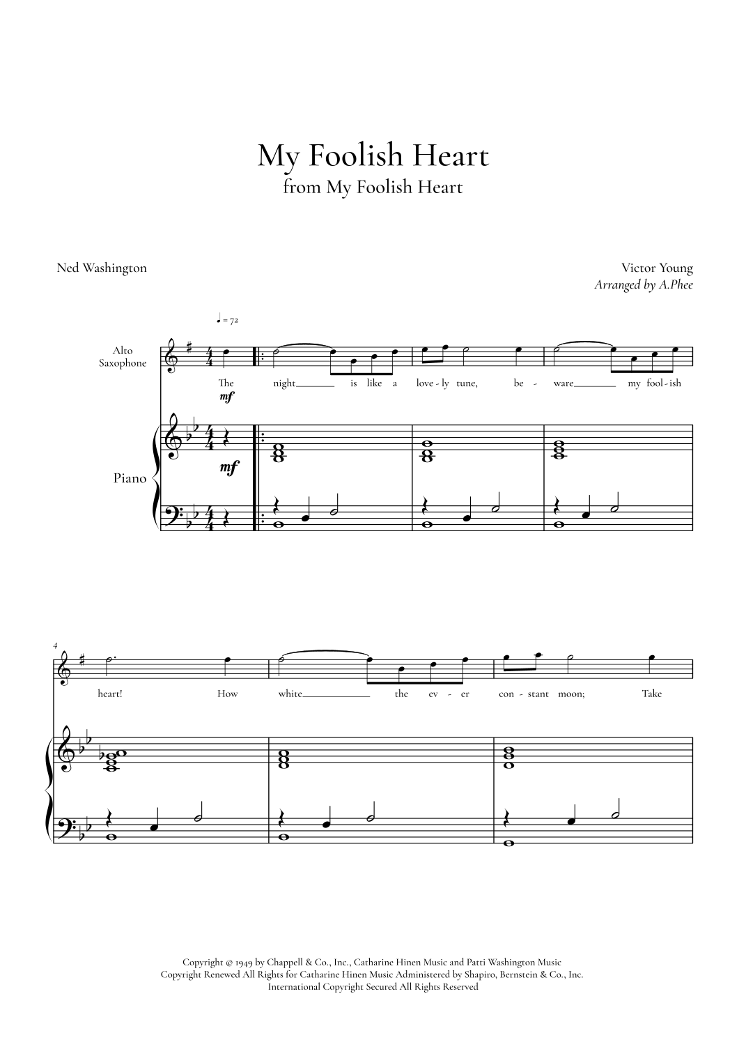 My Foolish Heart (arr. Phee) by Demensions Sheet Music for Alto Sax and ...