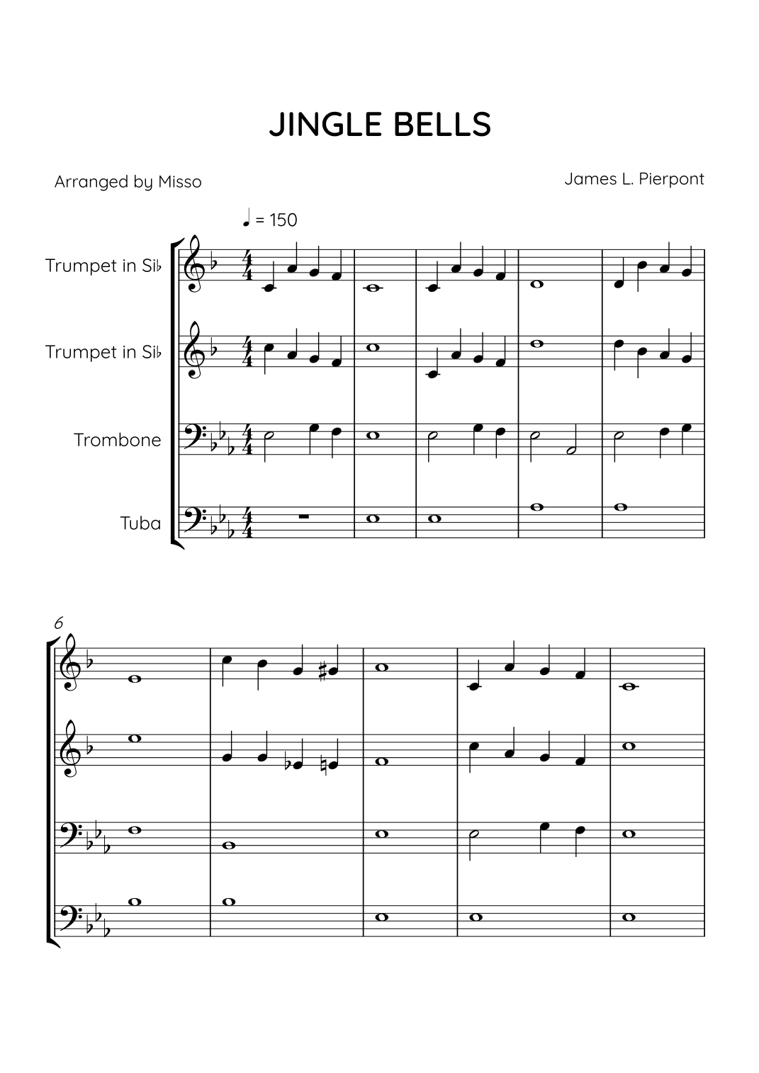 Jingle Bells - Brass Quartet in Eb Major - Beginner (arr. MissoRB) by ...