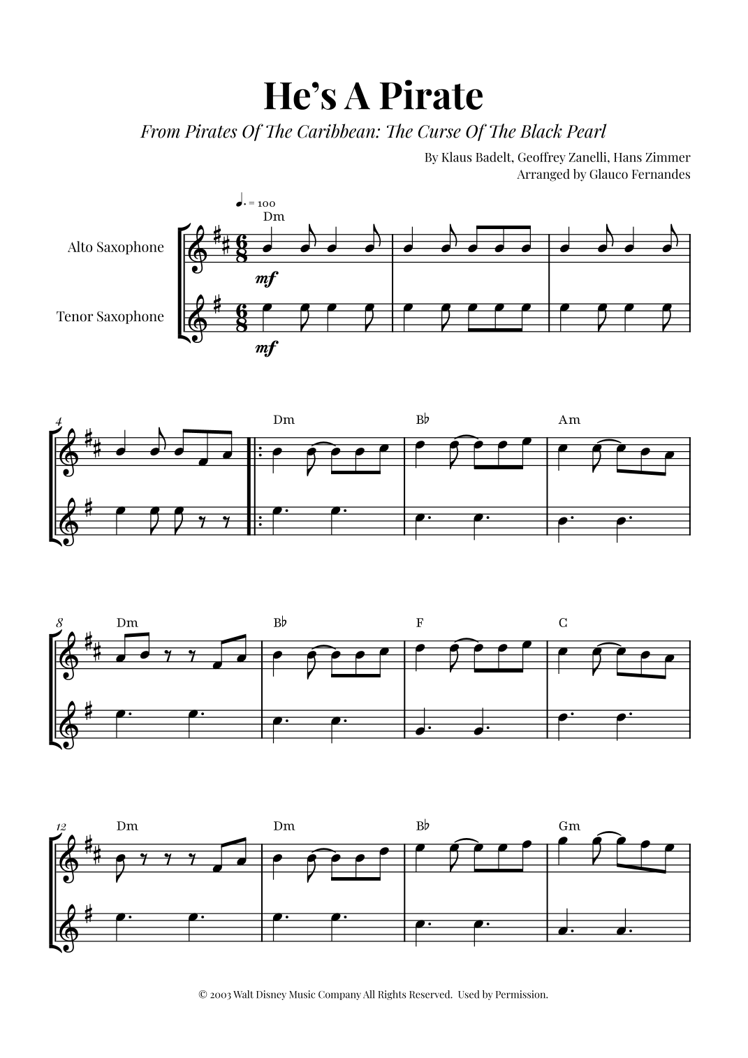 He's A Pirate (arr. Glauco Fernandes) by Geoffrey Zanelli Sheet Music ...