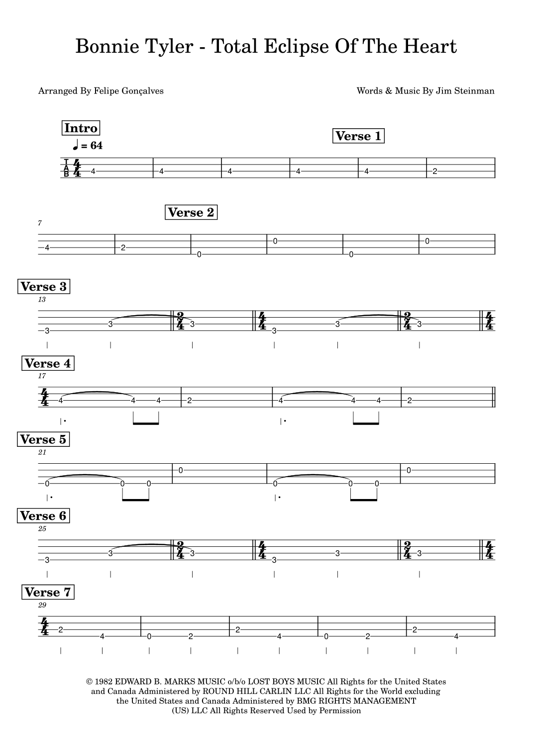 Total Eclipse Of The Heart (arr. Only Bass) by Bonnie Tyler Sheet Music for Bass Guitar Tab at ...