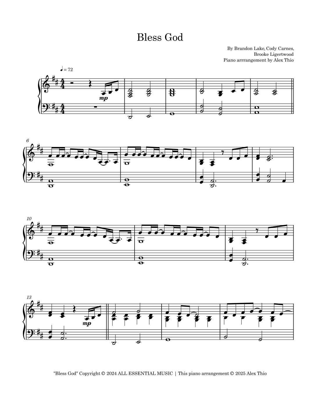 Bless God - Piano Solo (arr. Alex Thio) by Cody Carnes Sheet Music for ...