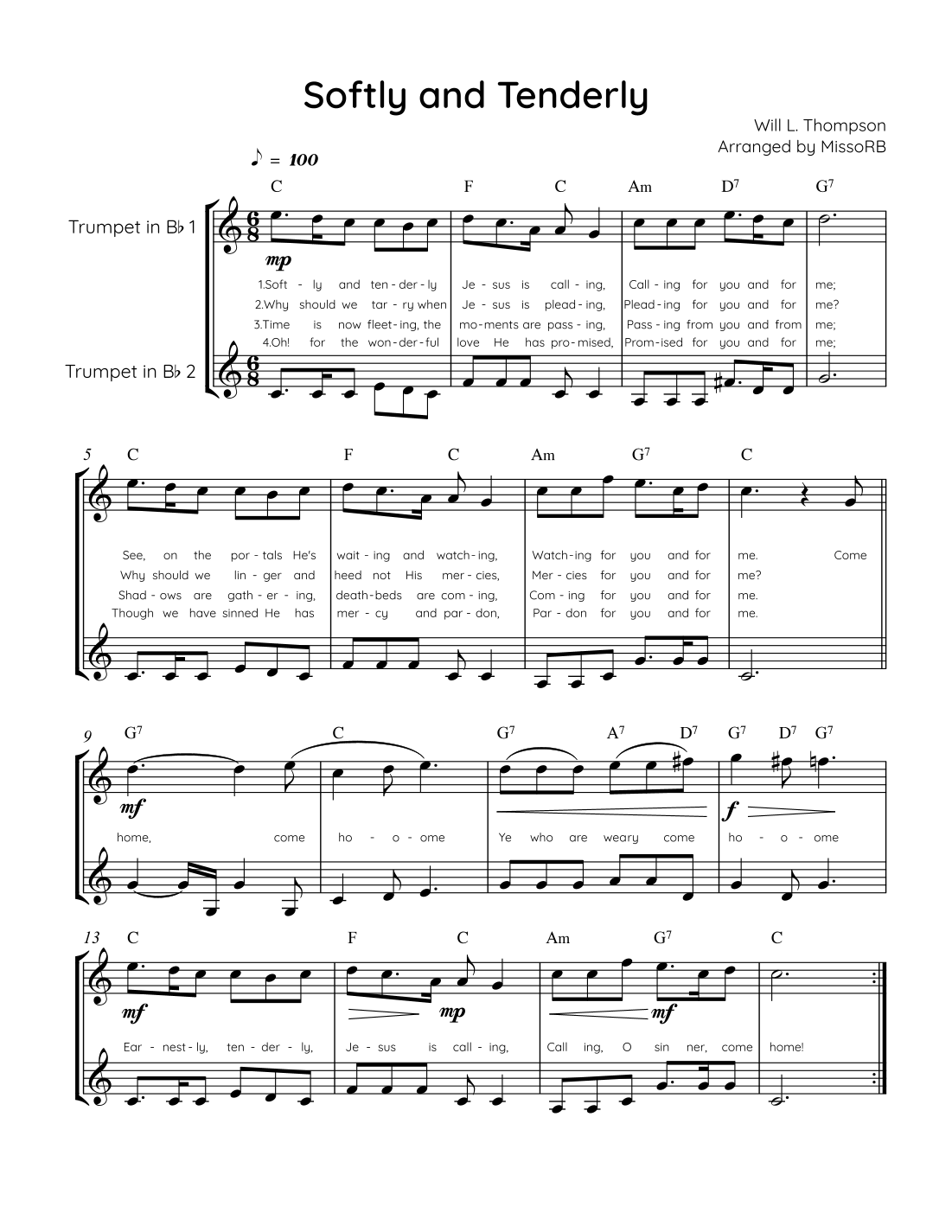 Softly and Tenderly - Trumpet Duet in Bb With Chords & Lyric - Easy ...