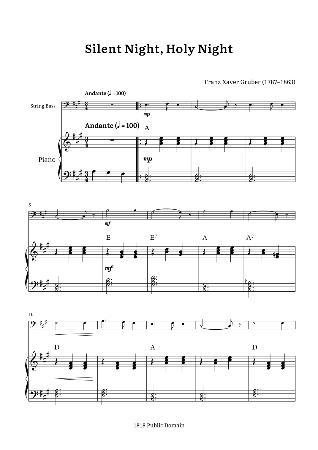 Silent Night, Holy Night – String Bass and Piano (A major, with Chord ...