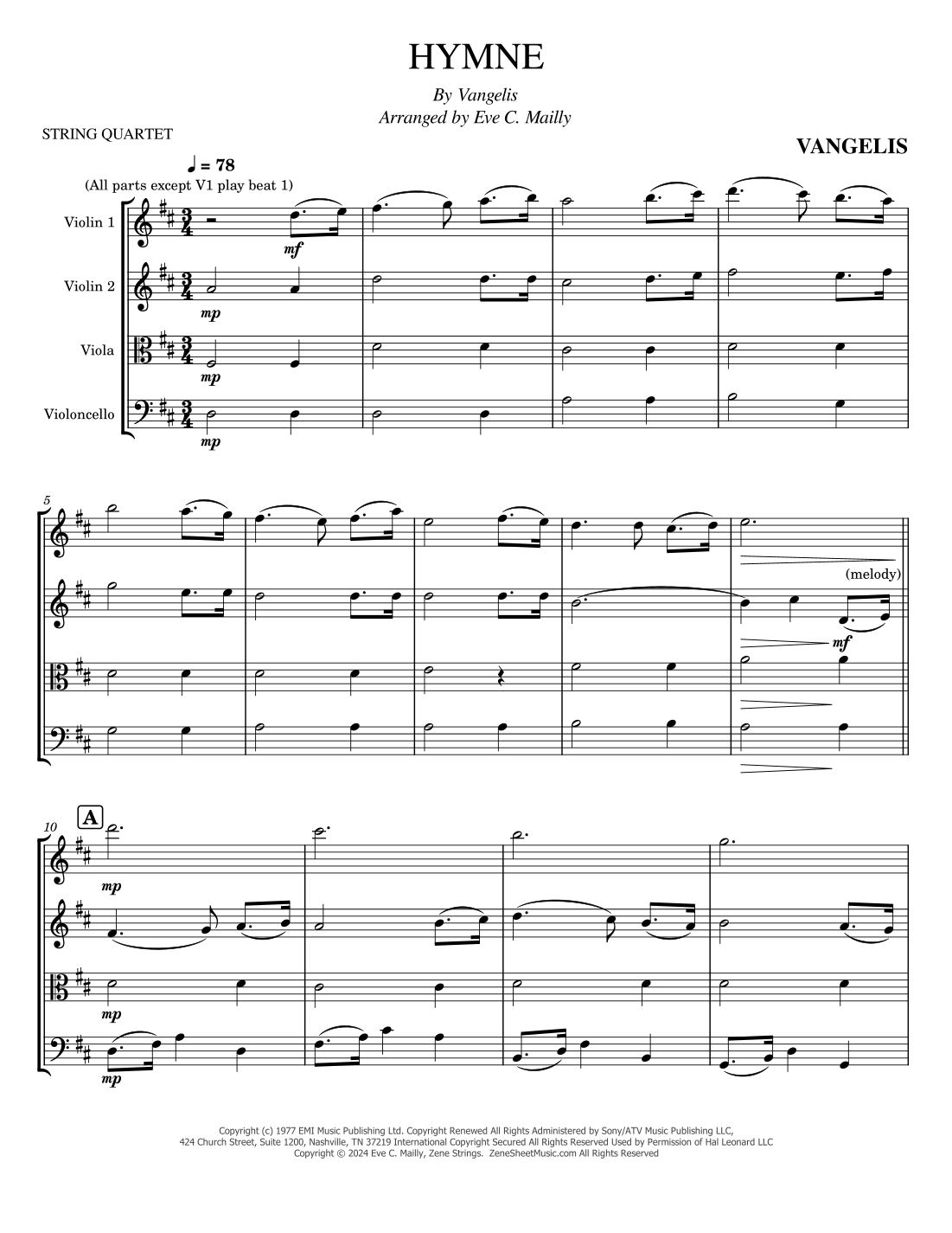 Hymne (arr. Eve C. Mailly - Zene Strings) by Vangelis Sheet Music for ...