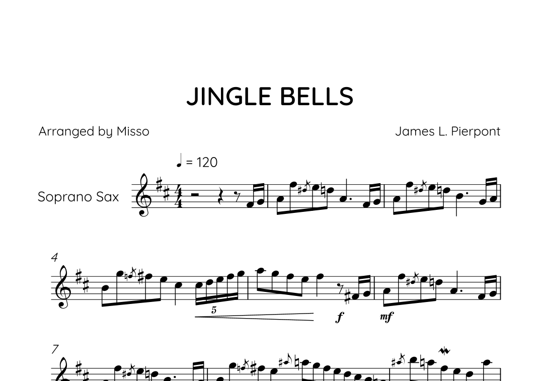 Jingle Bells - Soprano Sax in C Major - Advanced (arr. MissoRB) by James L. Pierpont Sheet Music ...