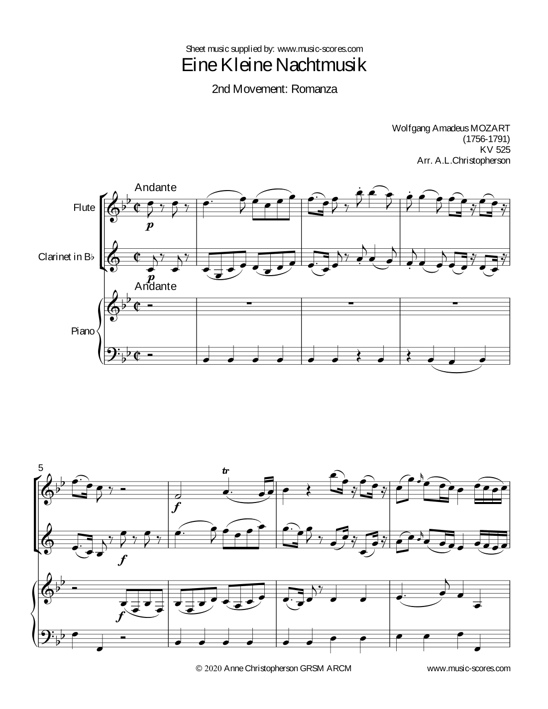 Mozart K 525: Eine Kleine Nachtmusik - Romanza 2nd movement - Flute ...