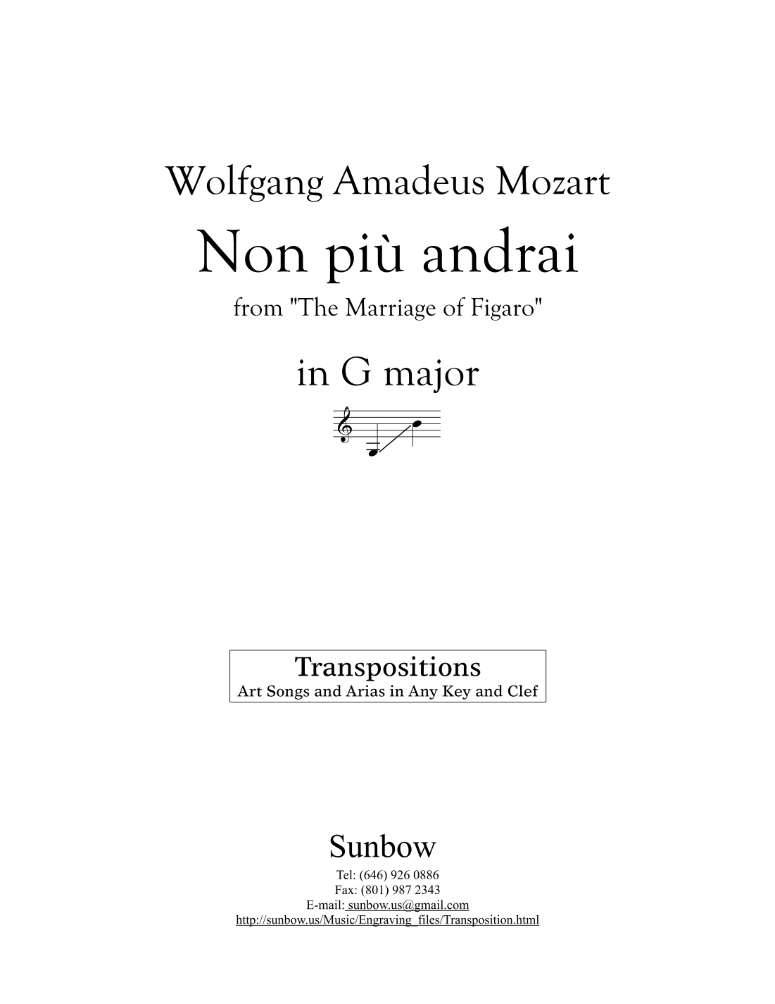 Mozart: Non più andrai (Transposed to G Major, treble clef, low voice ...