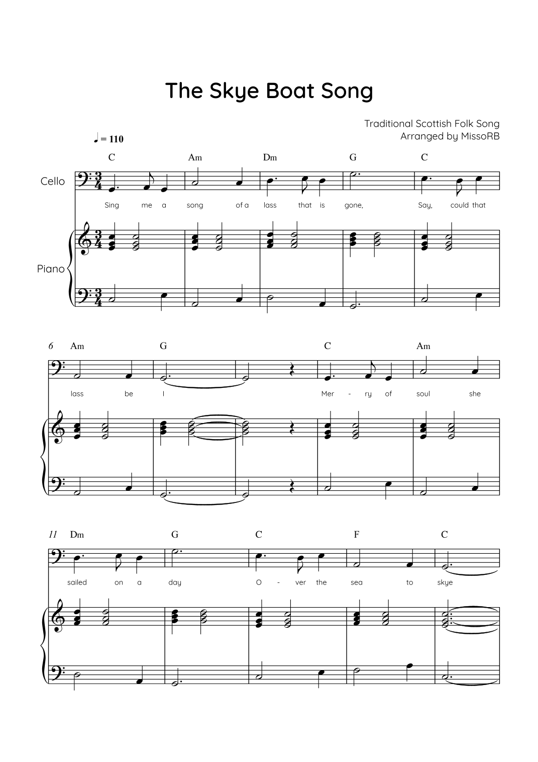 The Skye Boat Song - Cello & Piano in C With Chords & Lyric Lead Sheet ...