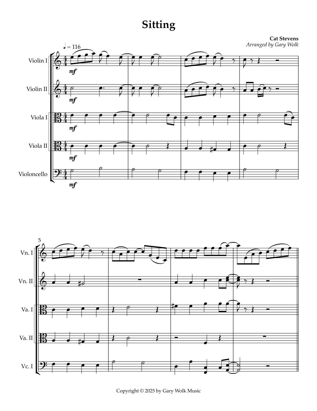 Sitting (arr. Gary Wolk) by Cat Stevens Sheet Music for String Ensemble ...