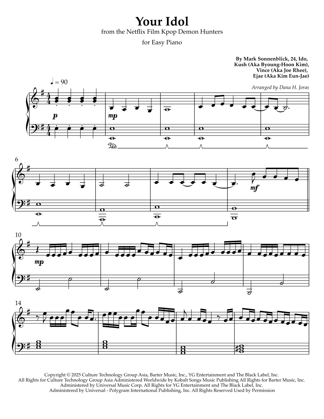 Your Idol (arr. Dana H. Joras) by Saja Boys Sheet Music for Easy Piano ...