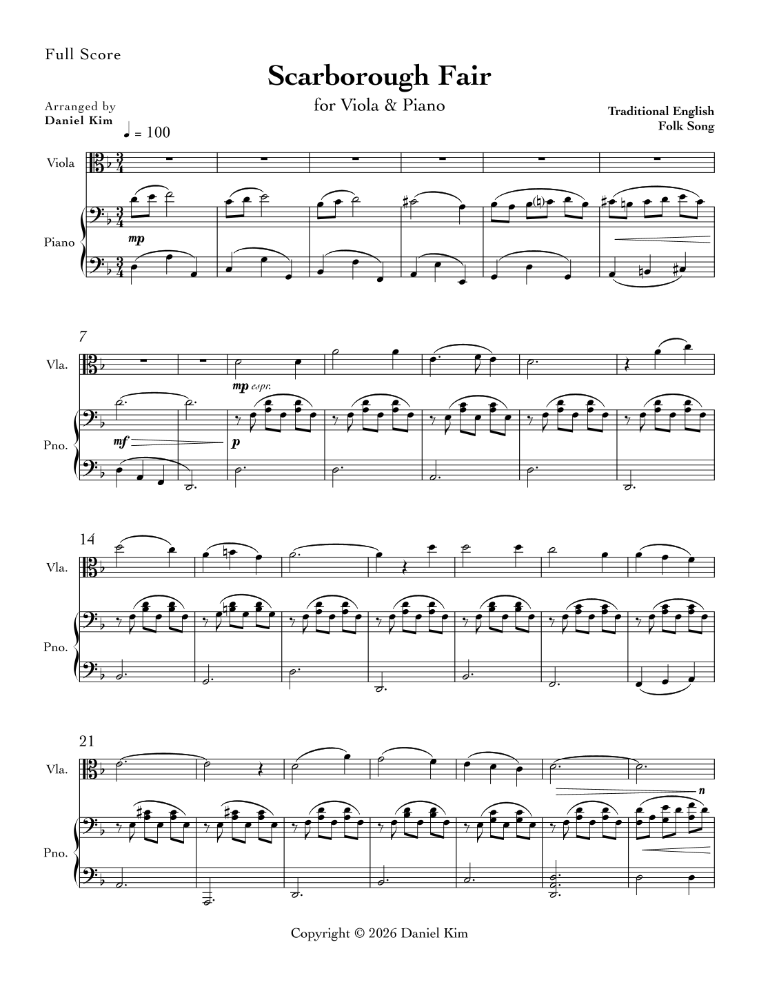 Scarborough Fair (Viola & Piano) (arr. Daniel Kim) por Traditional ...