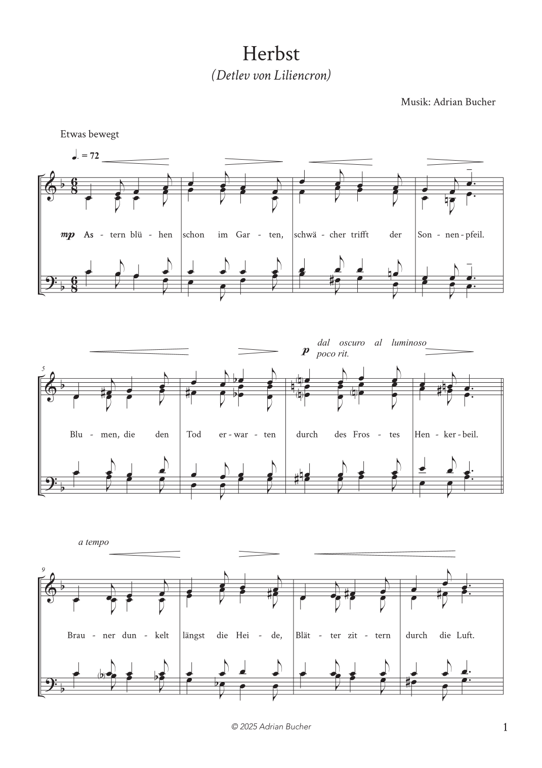 Herbst (Detlev von Liliencron) by Adrian Bucher Sheet Music for SATB ...