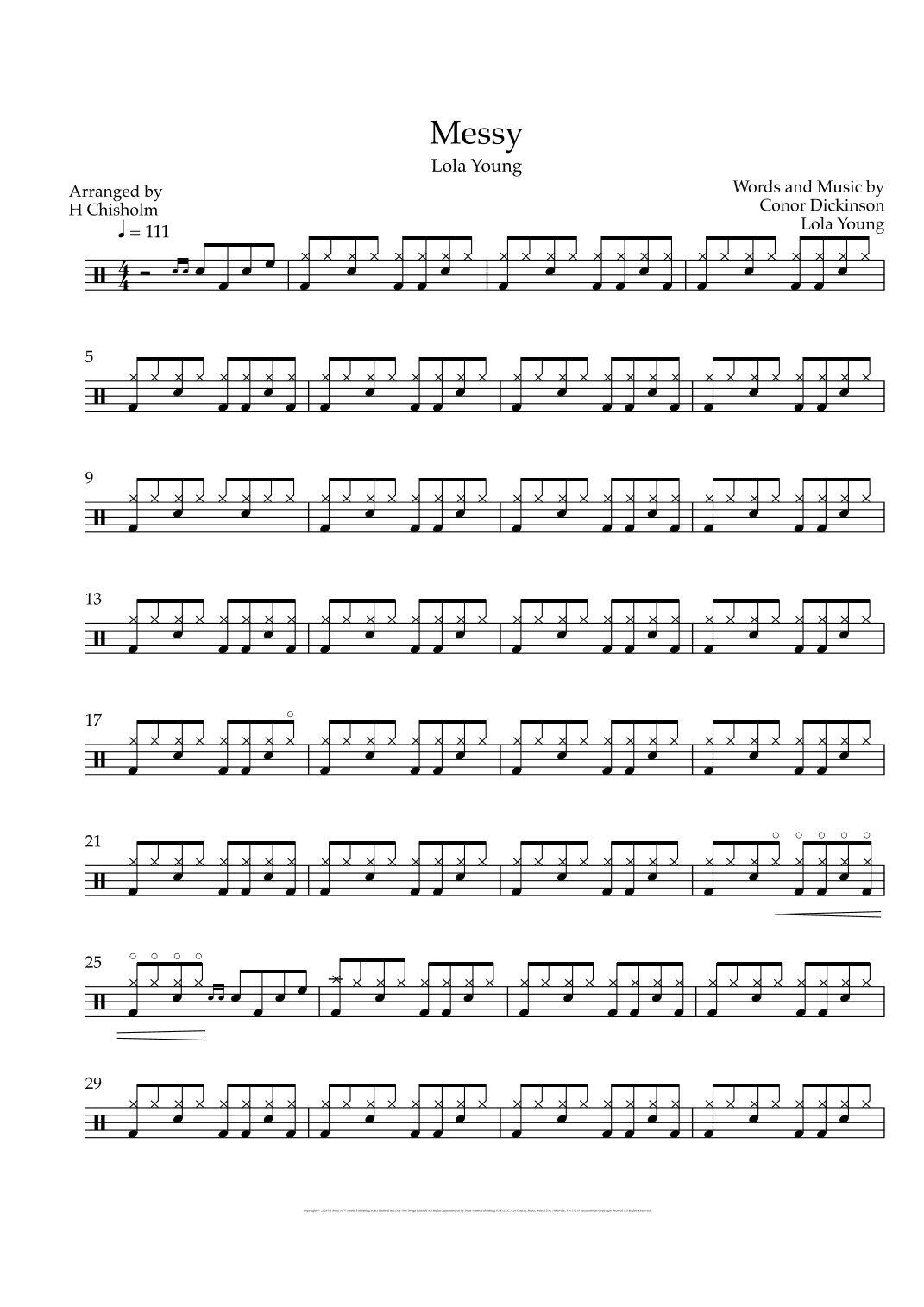 Messy (arr. H Chisholm, Drum Sheet Finder) by Lola Young Sheet Music ...