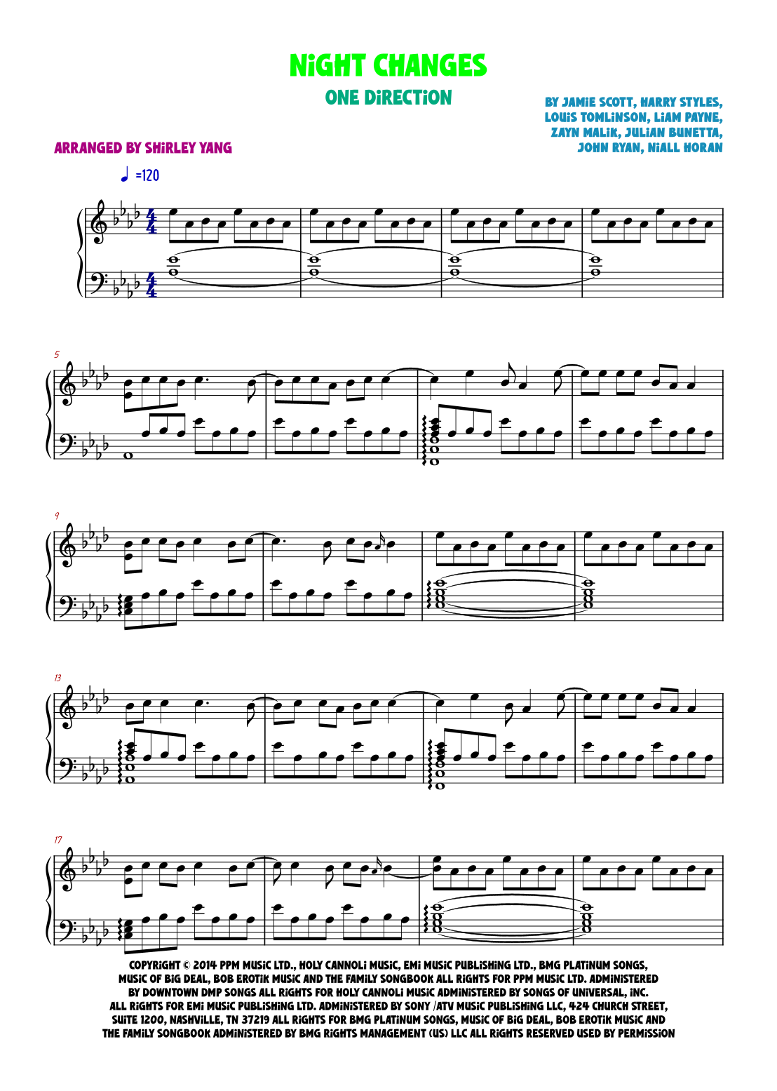 Night Changes (arr. Shirley Yang) by One Direction Sheet Music for ...