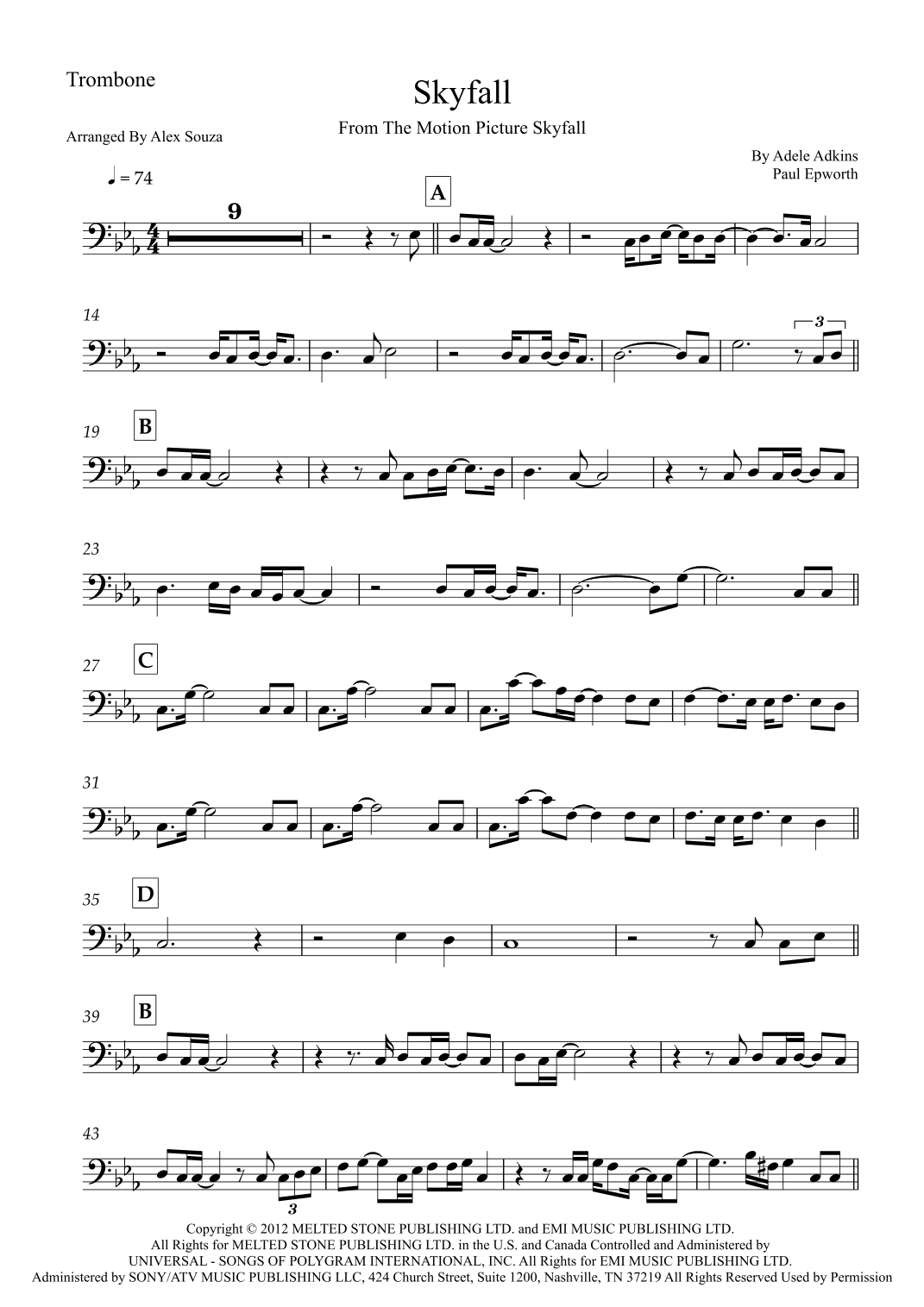 Skyfall (arr. Alex Souza) by Adele Sheet Music for Trombone Solo at ...