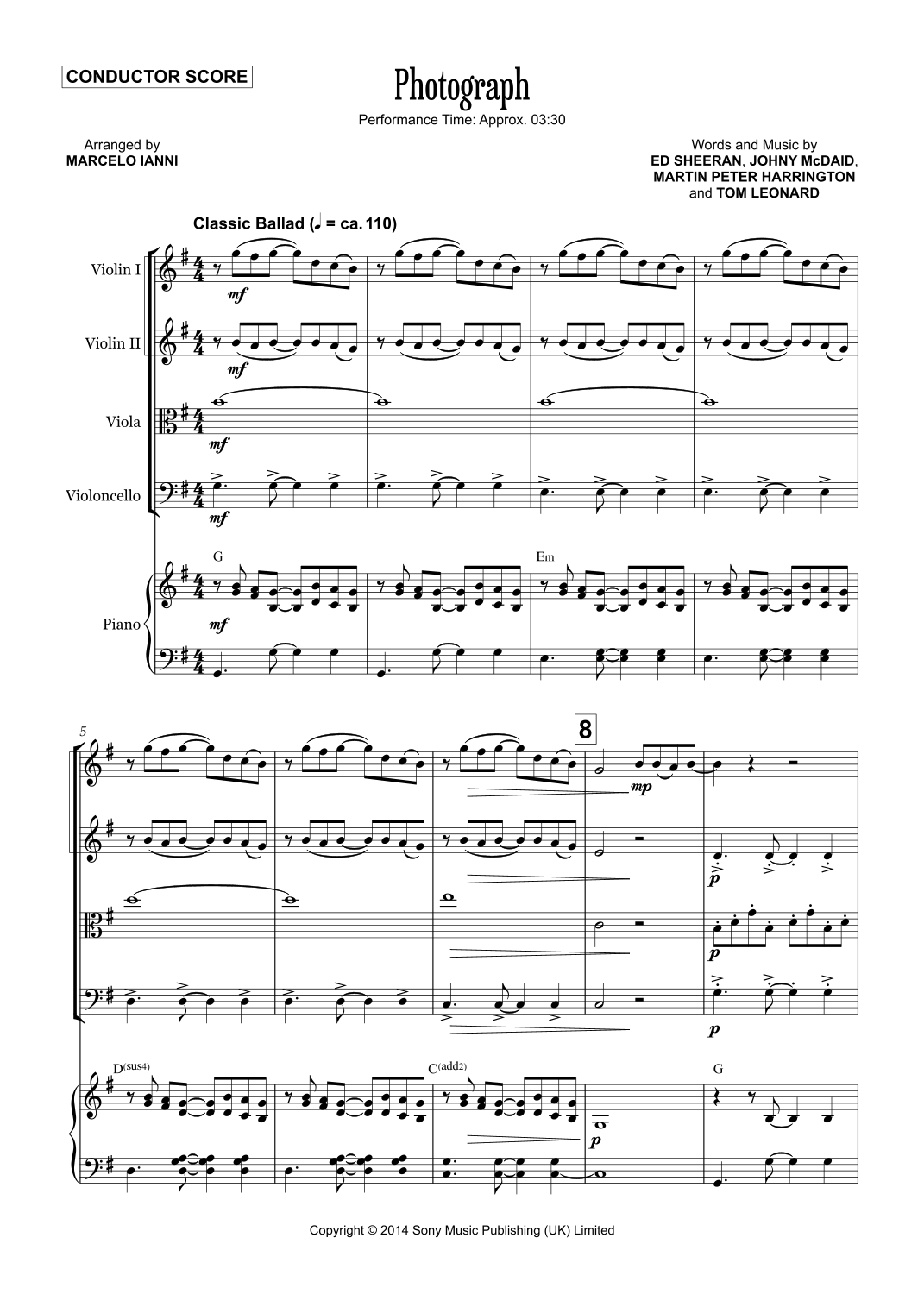 Photograph (arr. Marcelo Ianni) by Ed Sheeran Sheet Music for String ...