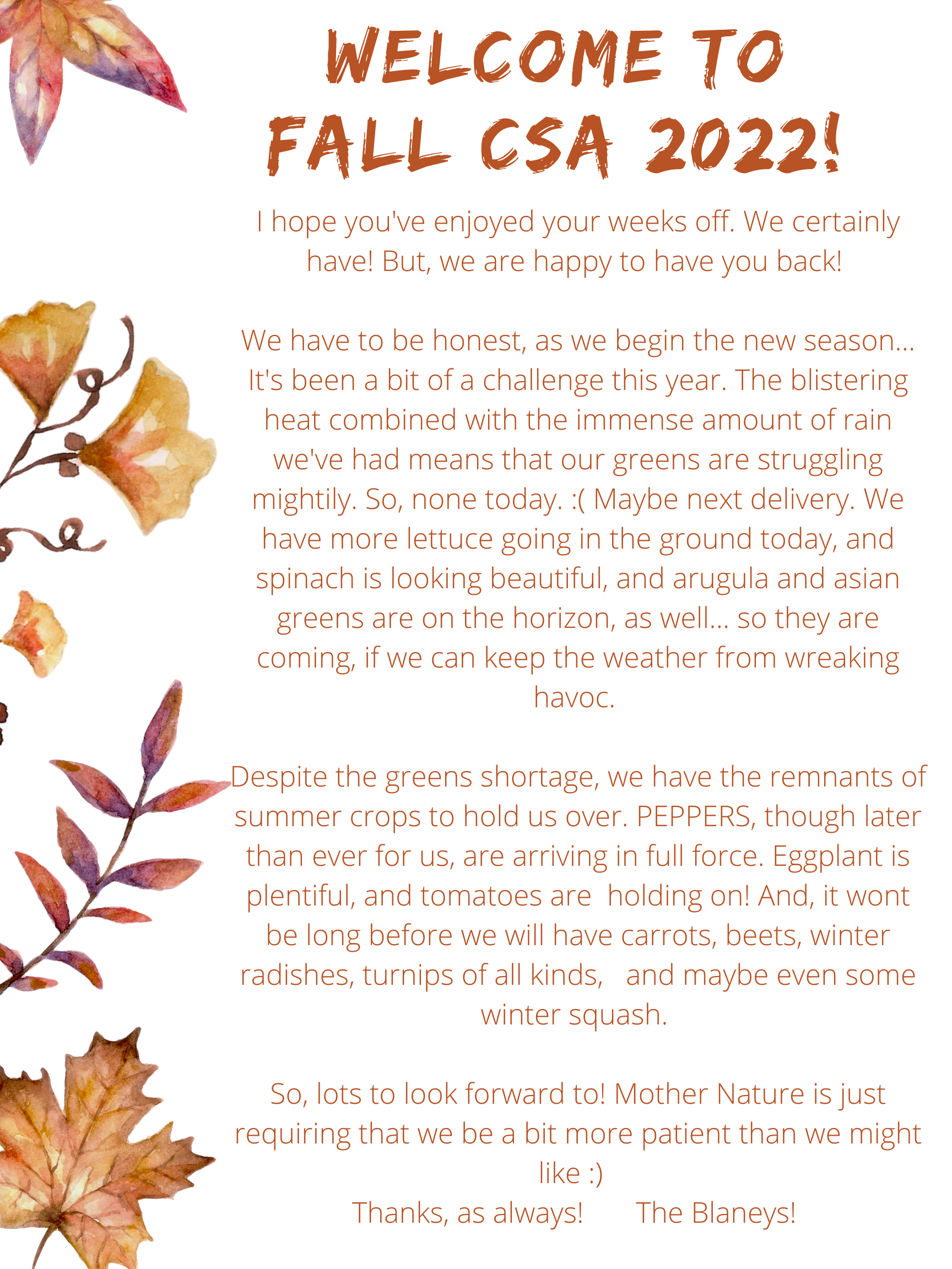 Welcome back! Farm Happenings to Begin Fall - Farm Happenings at Blaney ...