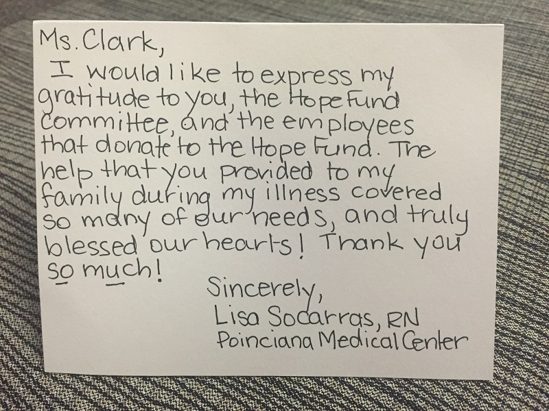 Note Of Appreciation From A Grateful Recipient HCA HOPE FUND