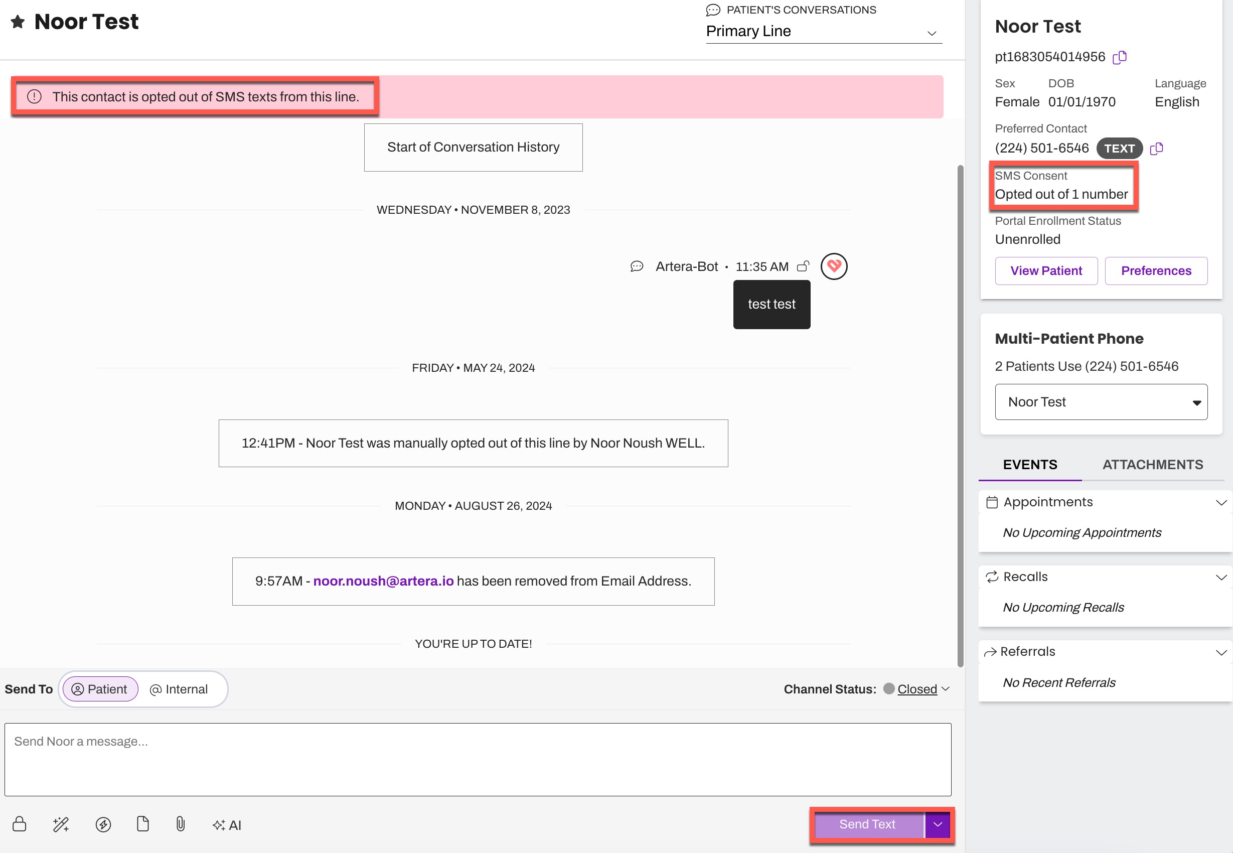 Patient Opt Out/Opt In: SMS Consent Setting - Artera